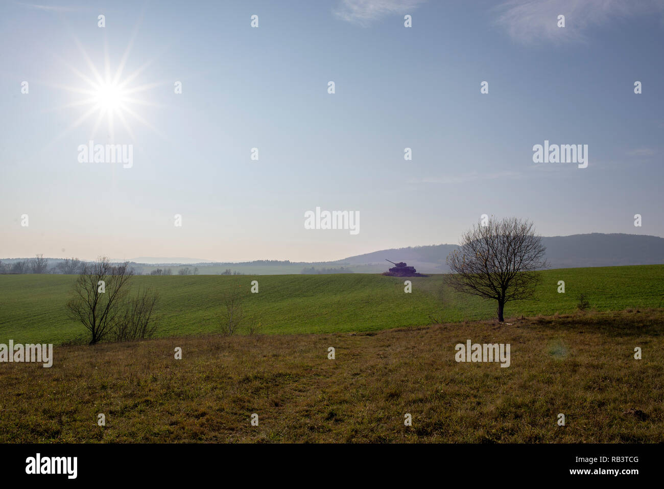 Death Valley landscape with T-34 soviet tank. Kapisova near Dukla or ...