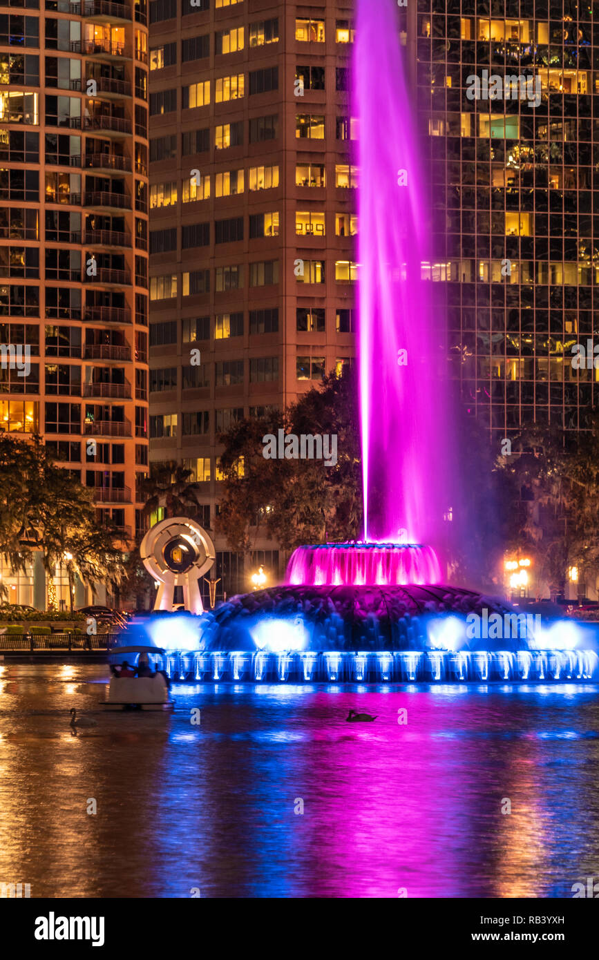 Colorful fountain on Lake Eola in downtown Orlando, Florida. (USA Stock ...