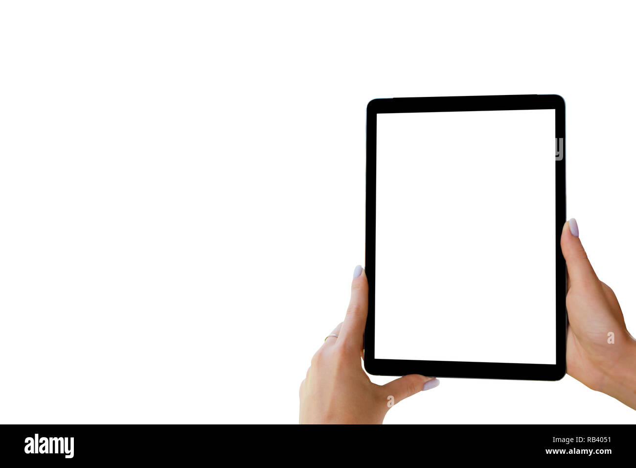 Blank empty tablet computer in the hands of girl. Isolated on white ...