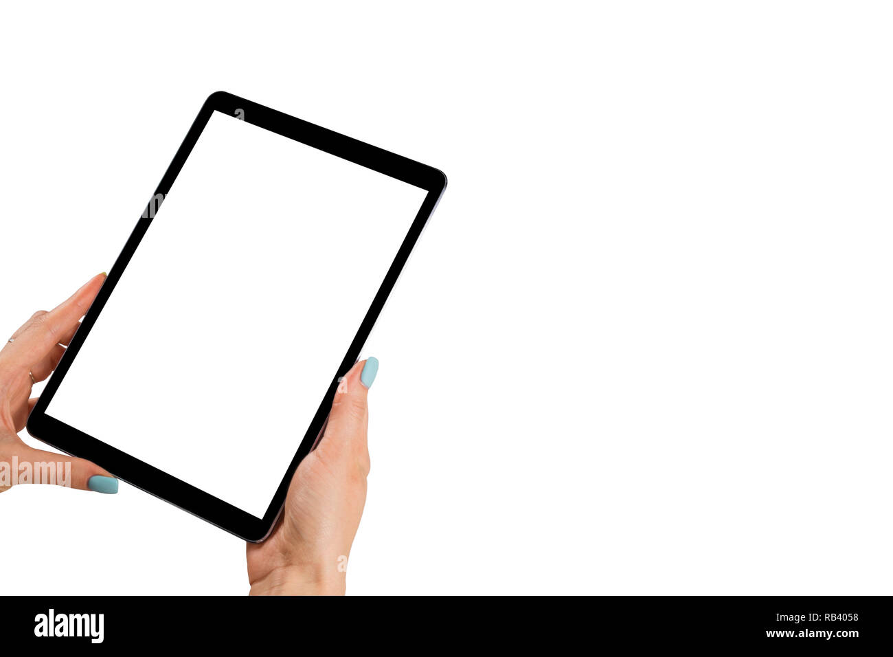 Blank empty tablet computer in the hands of girl. Isolated on white ...