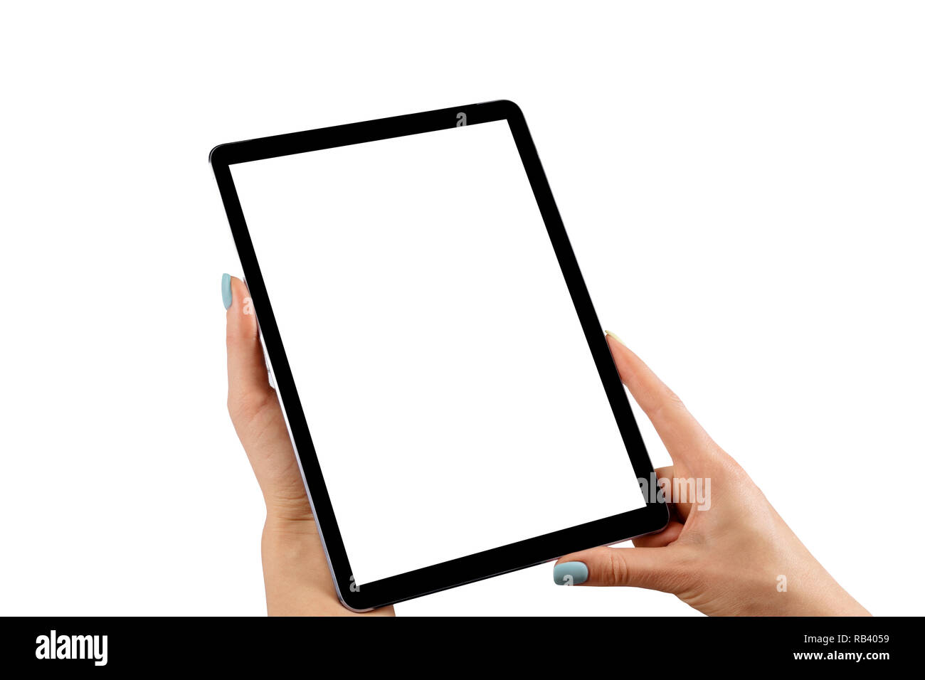 Blank empty tablet computer in the hands of girl. Isolated on white ...
