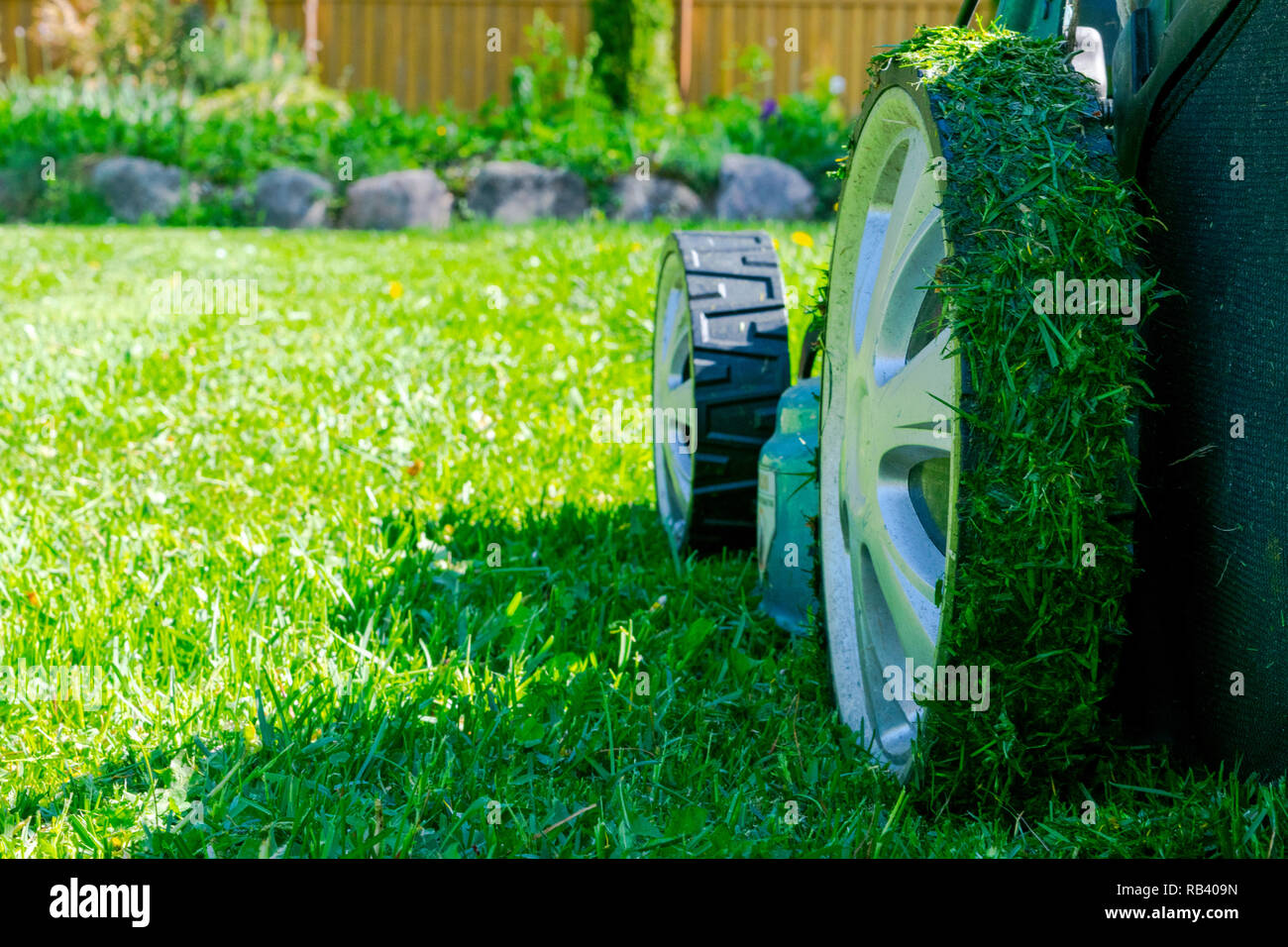 Mowing lawns. Lawn mower on green grass. Mower grass equipment. Mowing ...
