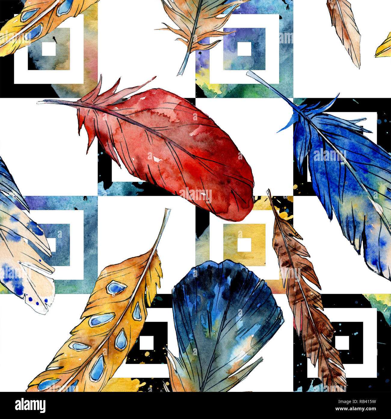 Watercolor bird feather from wing isolated. Seamless background pattern ...