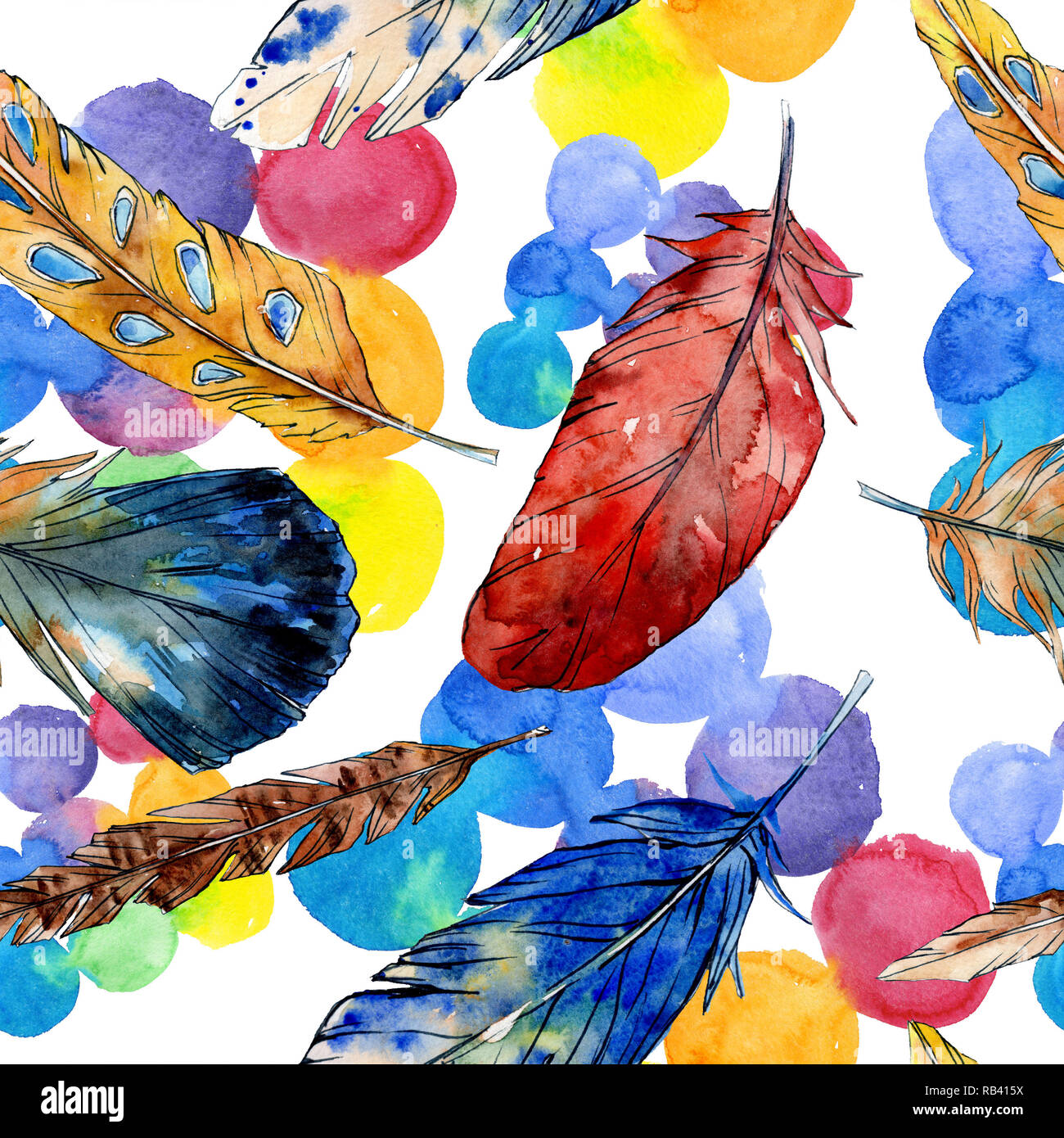 Watercolor bird feather from wing isolated. Seamless background pattern ...