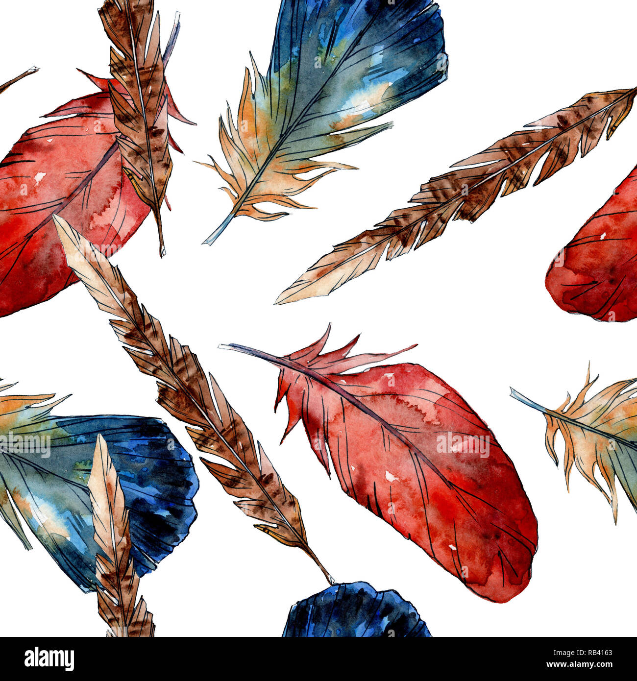 Watercolor bird feather from wing isolated. Seamless background pattern ...