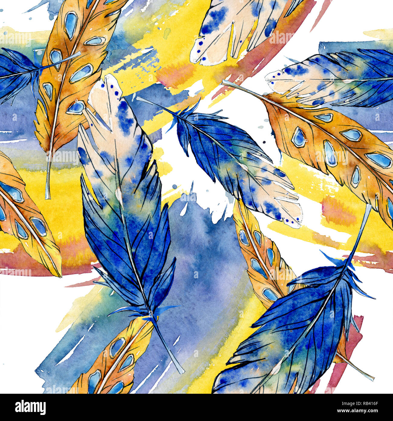 Watercolor bird feather from wing isolated. Seamless background pattern ...