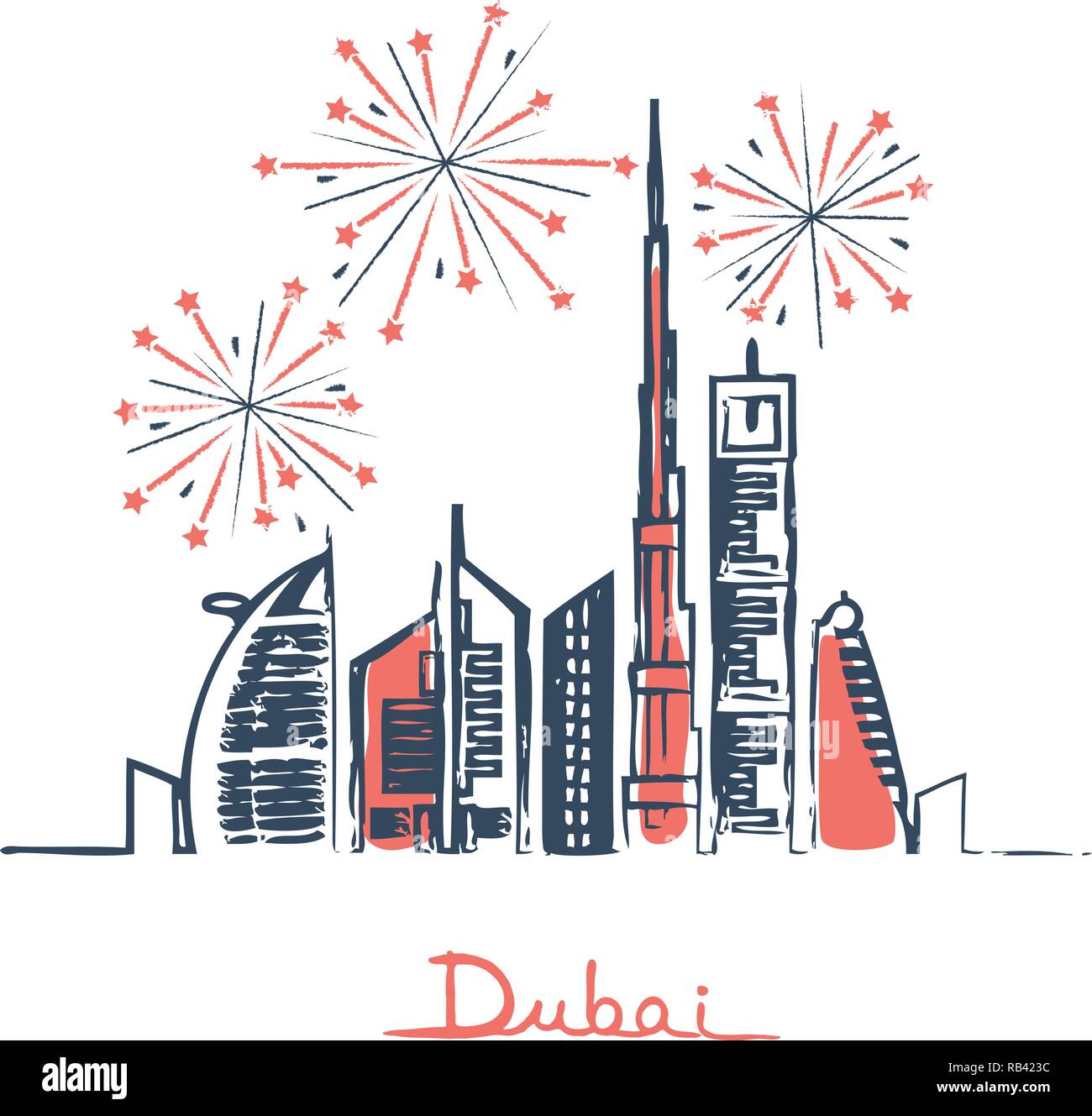 Dubai cityscape with skyscrapers and landmarks and fireworks in the sky ...