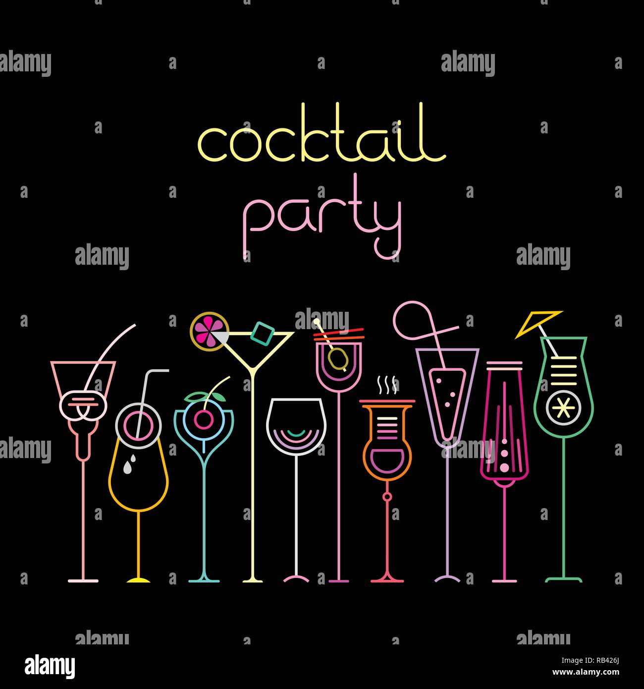 Neon colors on a black background Cocktail Party vector illustration ...