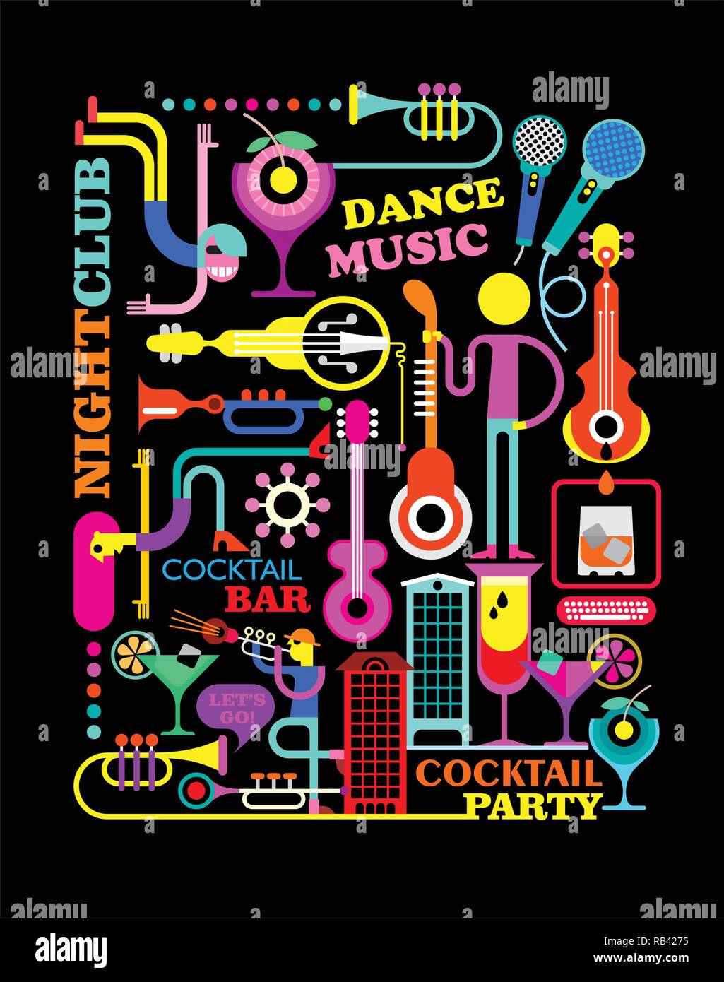 Vibrant colors on a black background Cocktail Party vector illustration ...