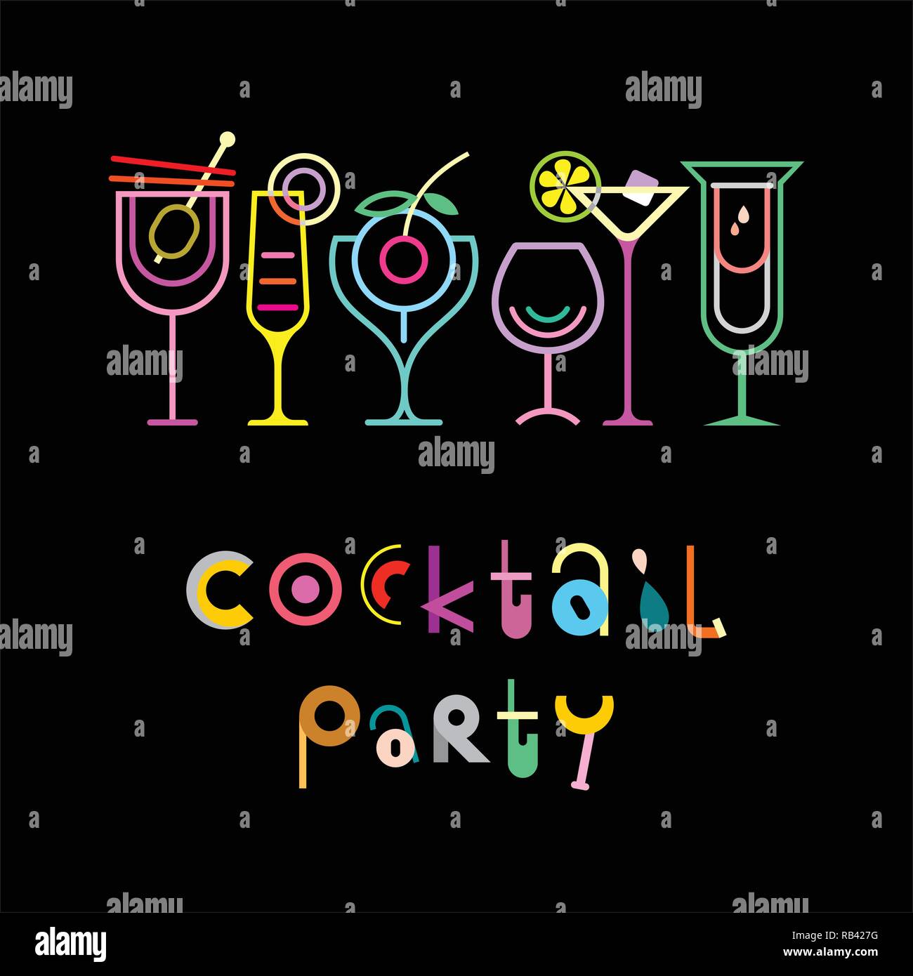 Cocktail party - decorative text architecture on a black background ...