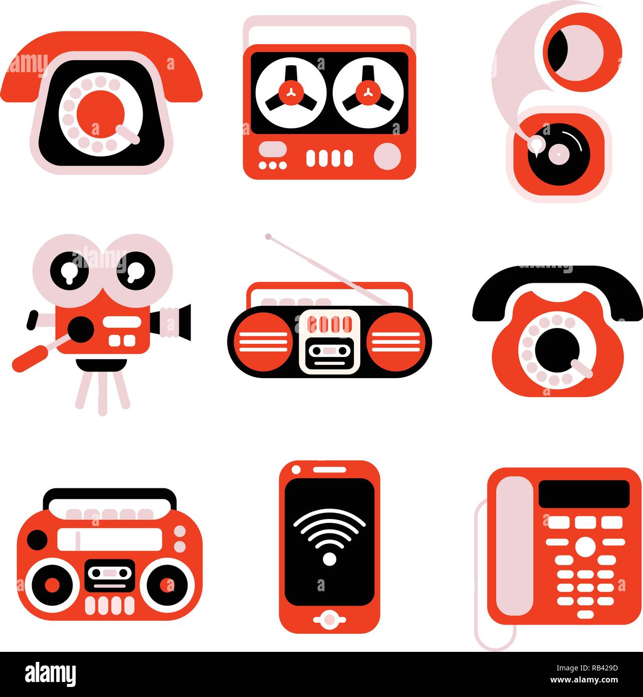 Flat vector icon set of electronic devices. Red, grey and black images ...
