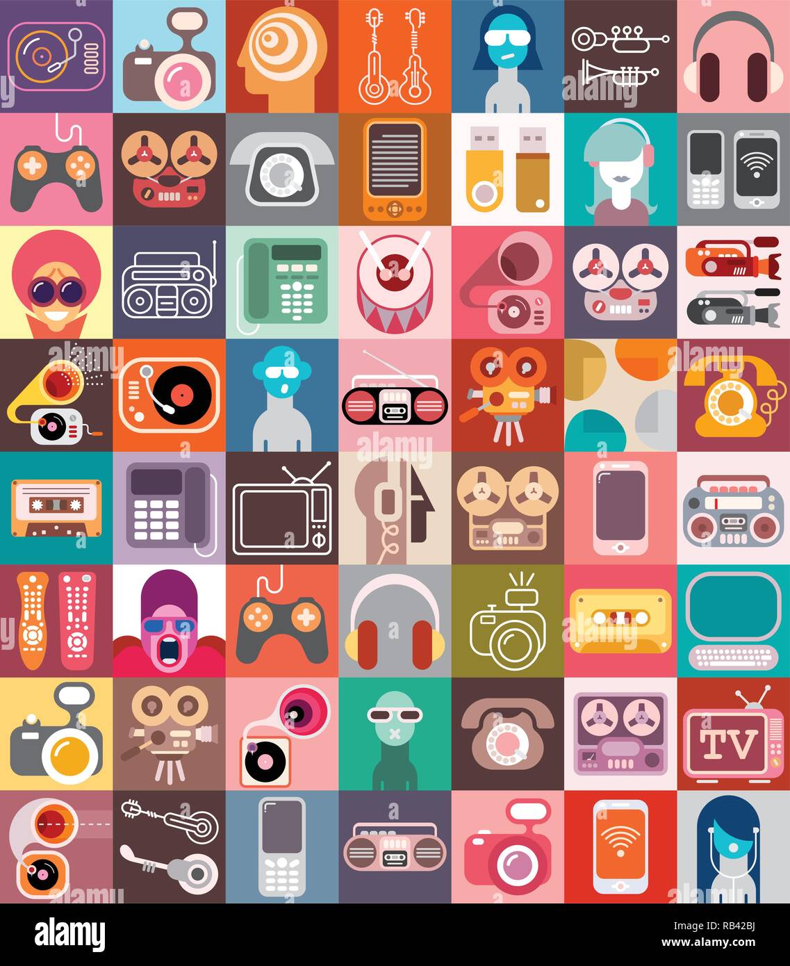 Art collage of various flat vector images with a electronics theme ...