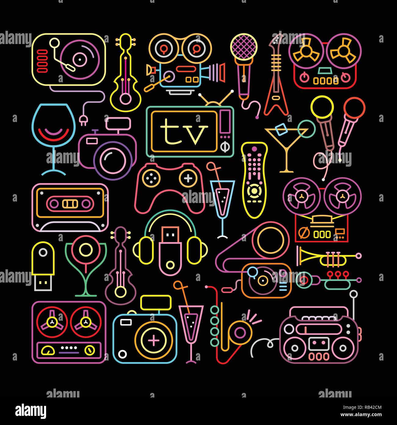 Entertainment icons square shape vector illustration. Neon colors ...