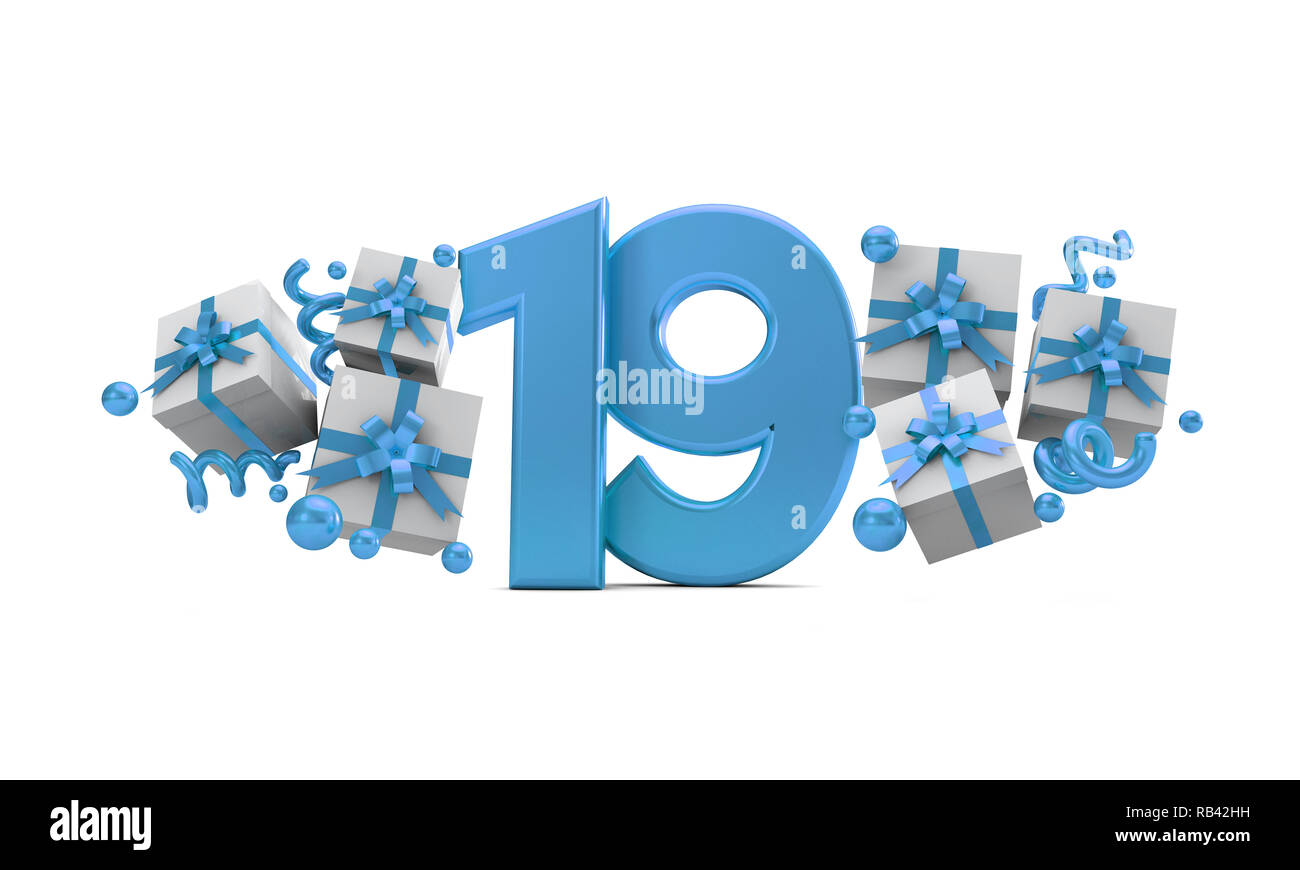 Number 19 blue birthday celebration number with gift boxes. 3D ...