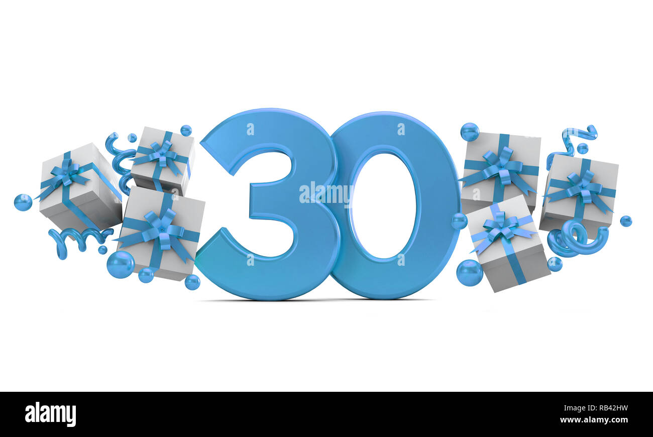Number 30 blue birthday celebration number with gift boxes. 3D ...