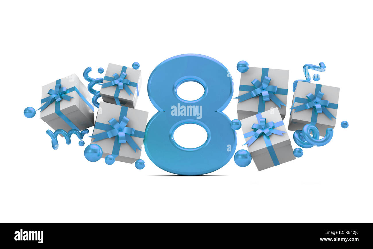 Number 8 blue birthday celebration number with gift boxes. 3D Rendering ...
