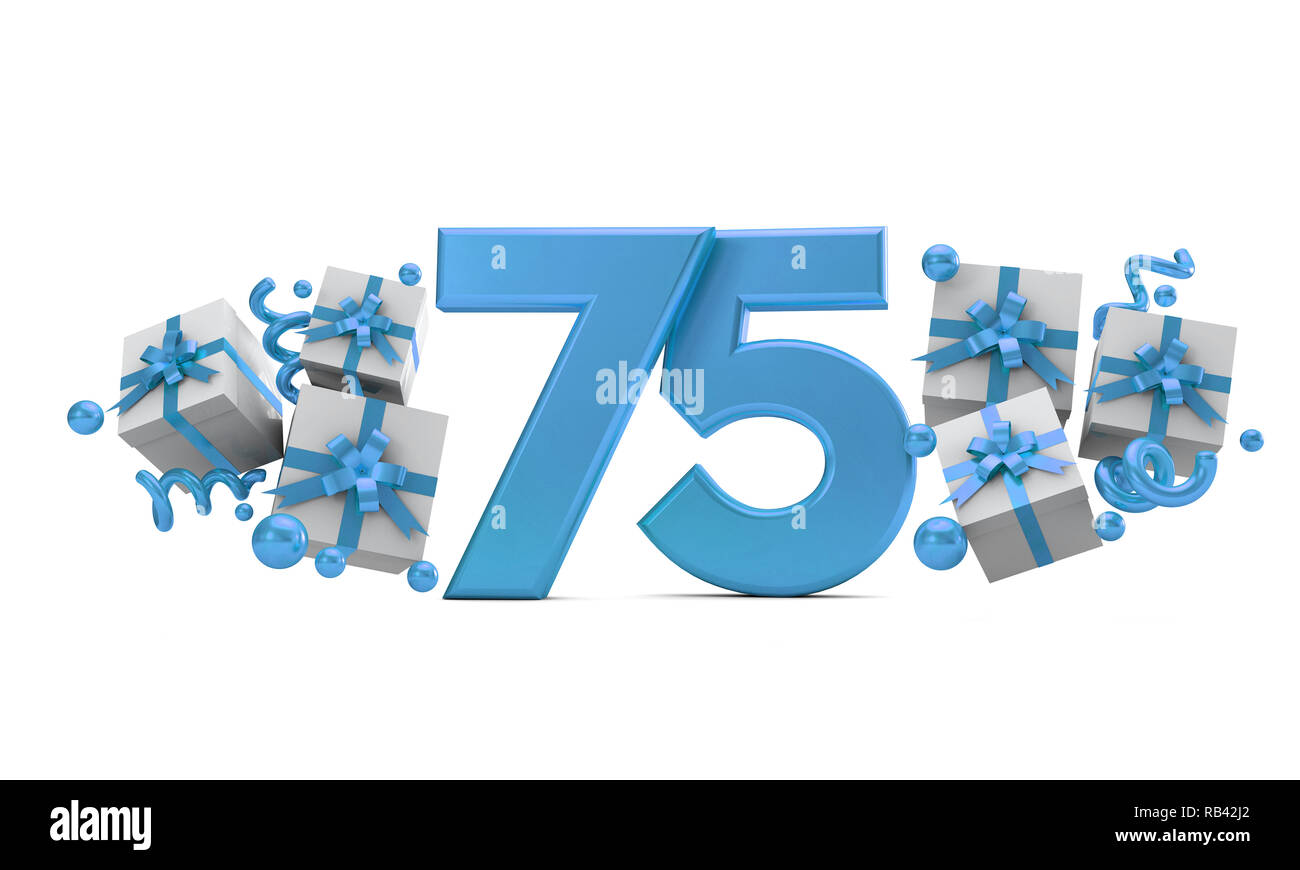 Number 75 blue birthday celebration number with gift boxes. 3D ...