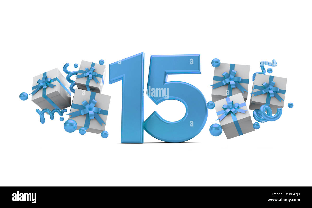 Number 15 blue birthday celebration number with gift boxes. 3D ...