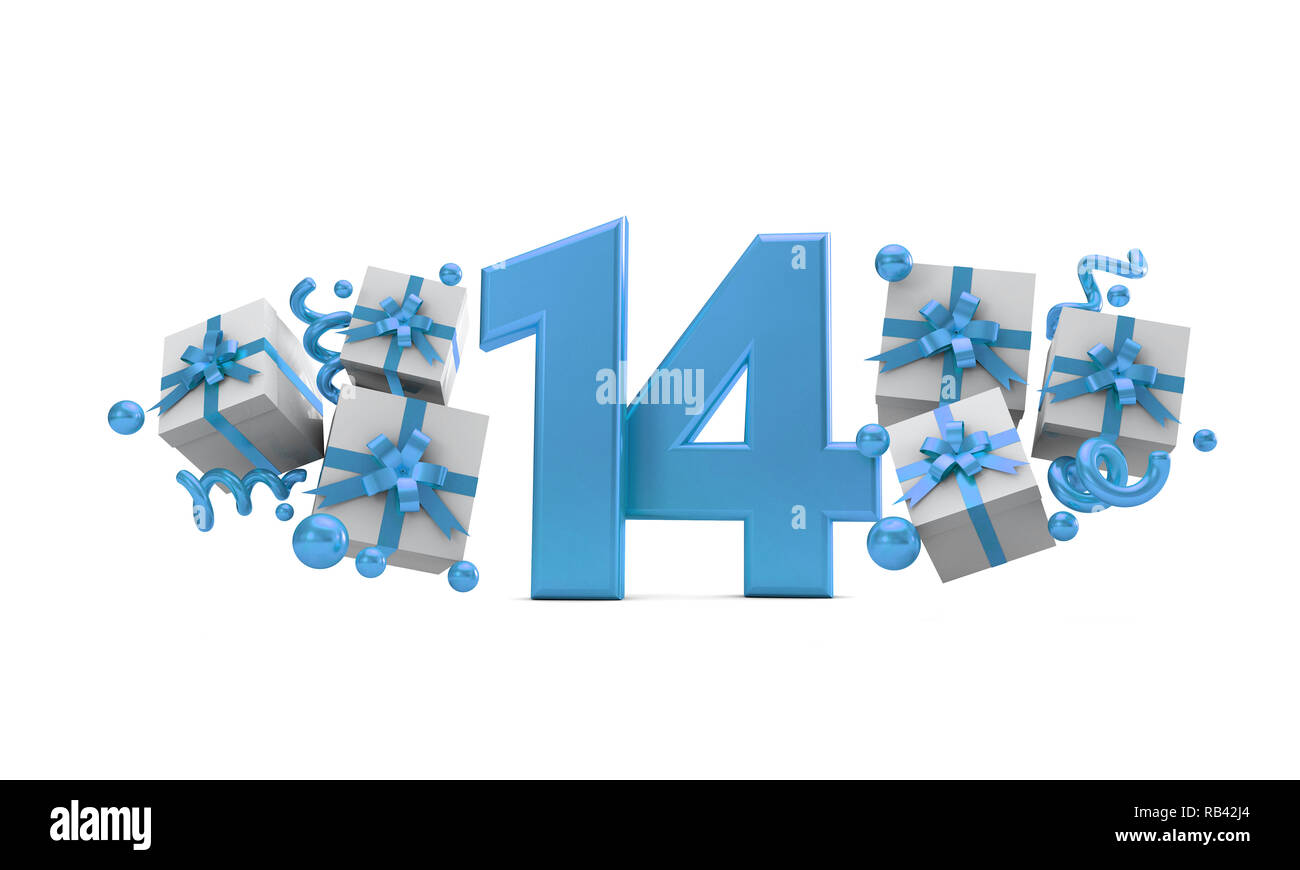 Number 14 blue birthday celebration number with gift boxes. 3D ...