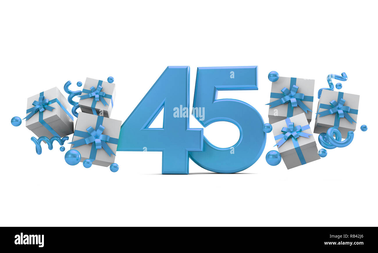 Number 45 blue birthday celebration number with gift boxes. 3D ...