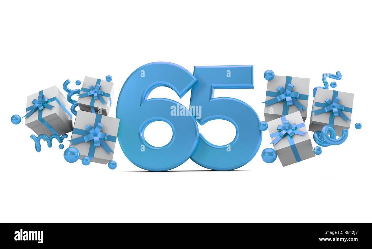 Number 65 blue birthday celebration number with gift boxes. 3D ...
