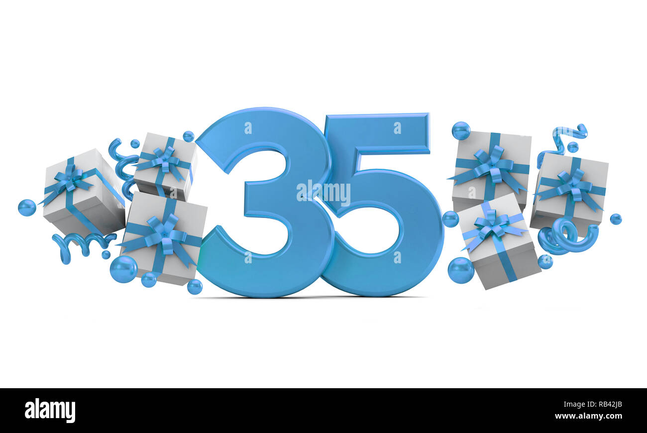 Number 35 blue birthday celebration number with gift boxes. 3D ...