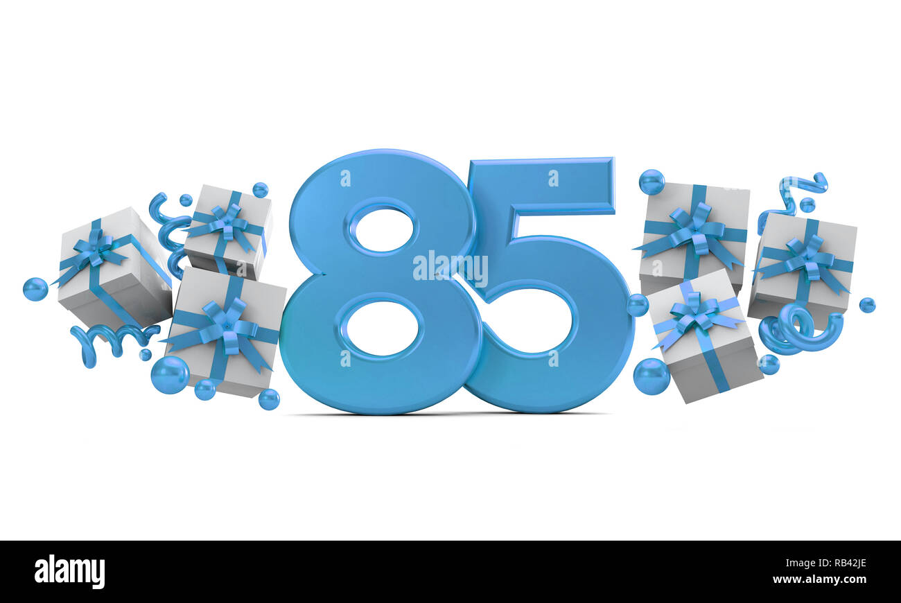 Number 85 blue birthday celebration number with gift boxes. 3D ...