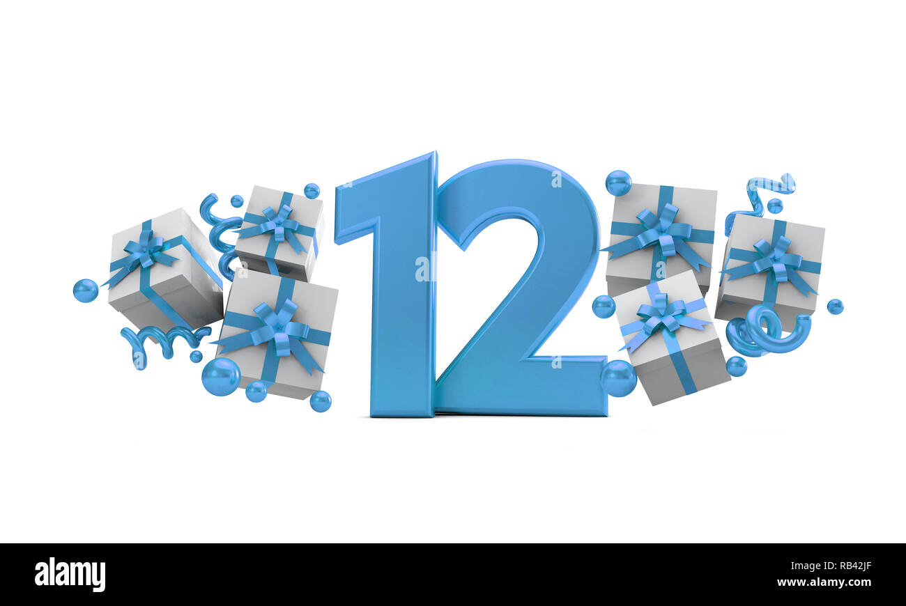 Number 12 blue birthday celebration number with gift boxes. 3D ...