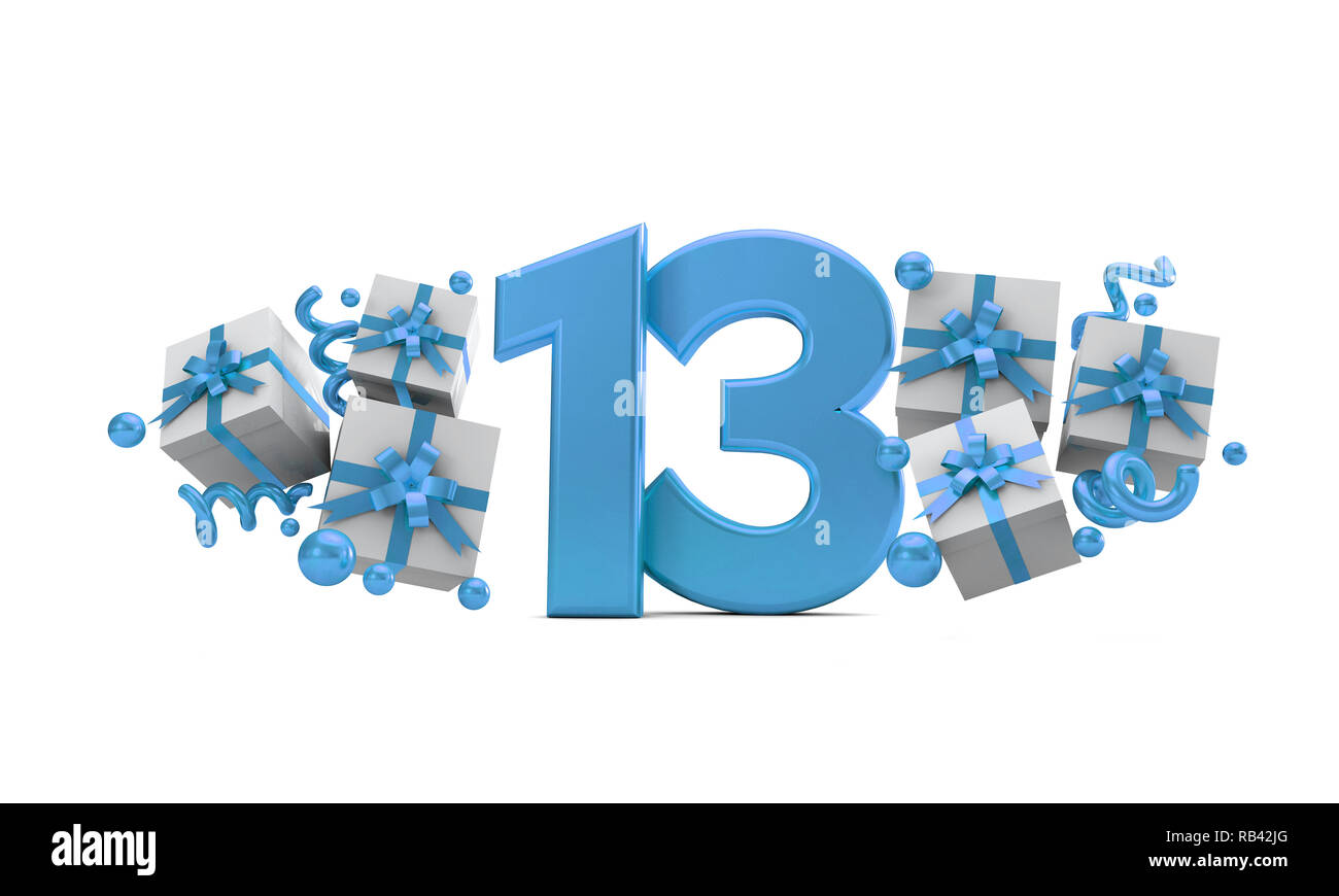 Number 13 blue birthday celebration number with gift boxes. 3D ...