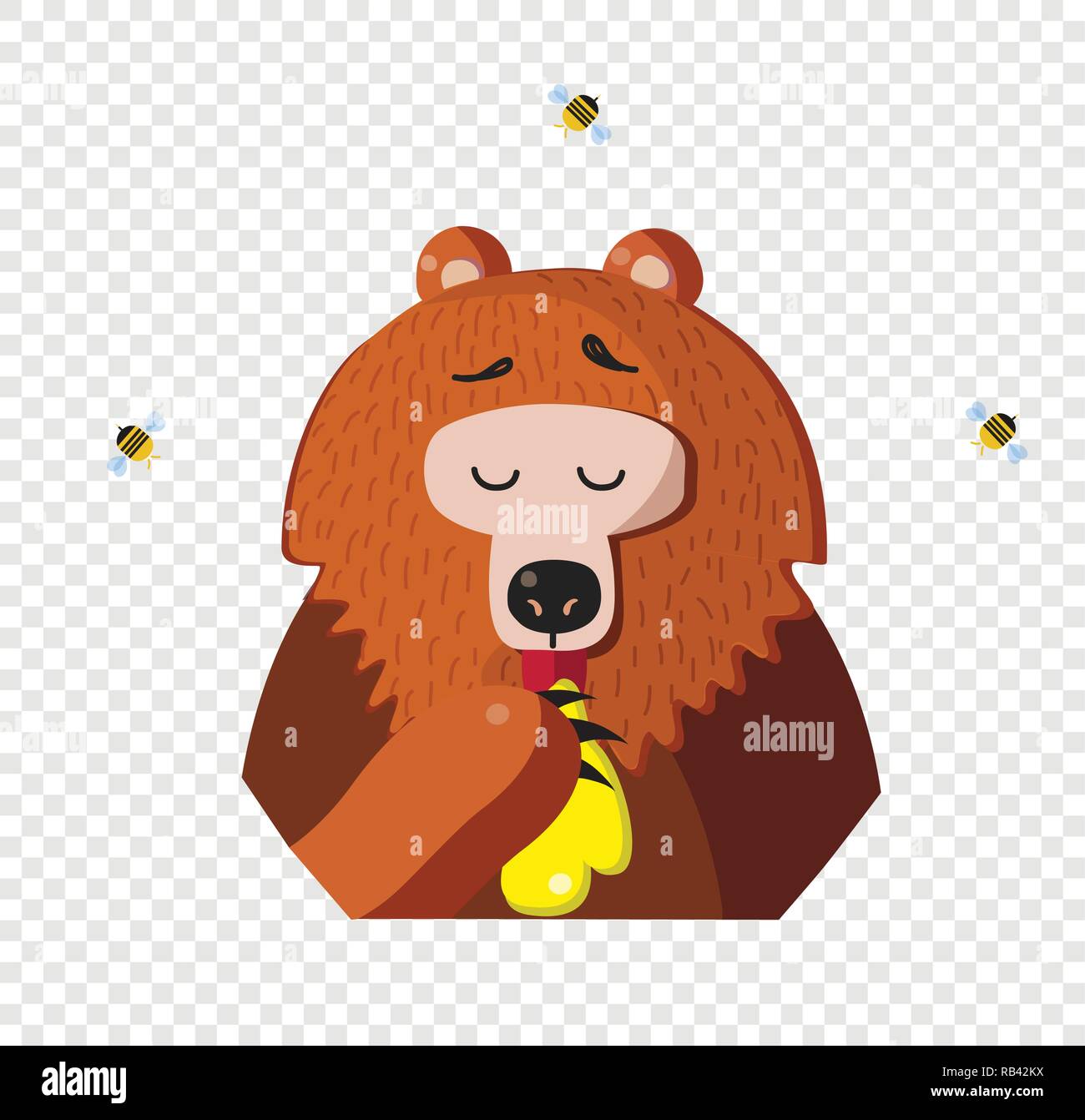 Cute cartoon bear character eating honey from paw and bees flying ...