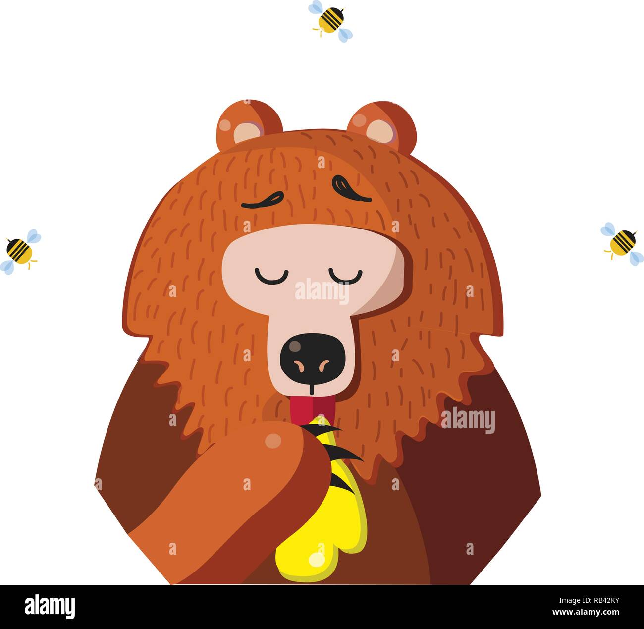 Cute cartoon bear character eating honey from paw and bees flying ...