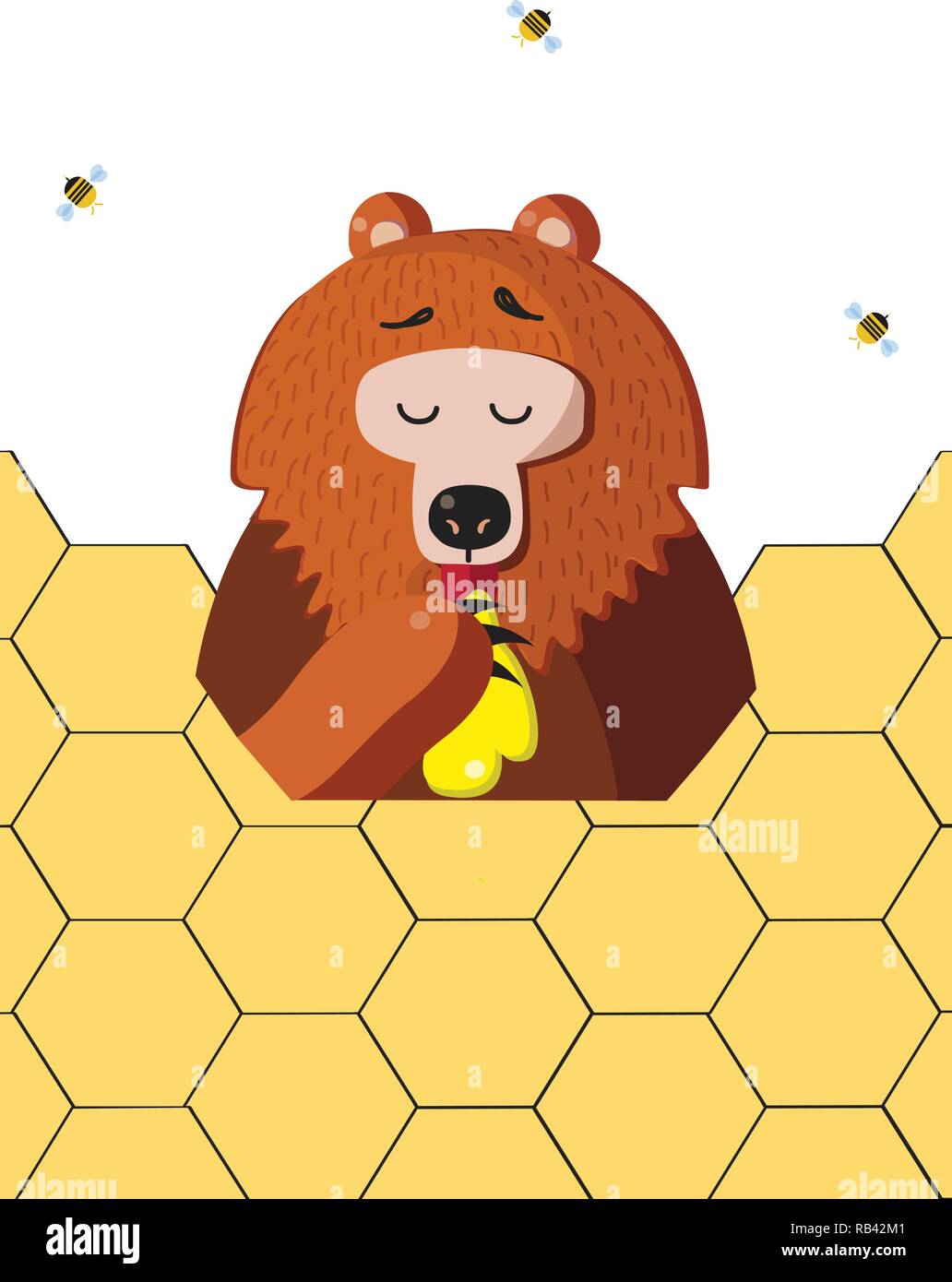Cute cartoon bear character eating honey from paw and bees flying ...