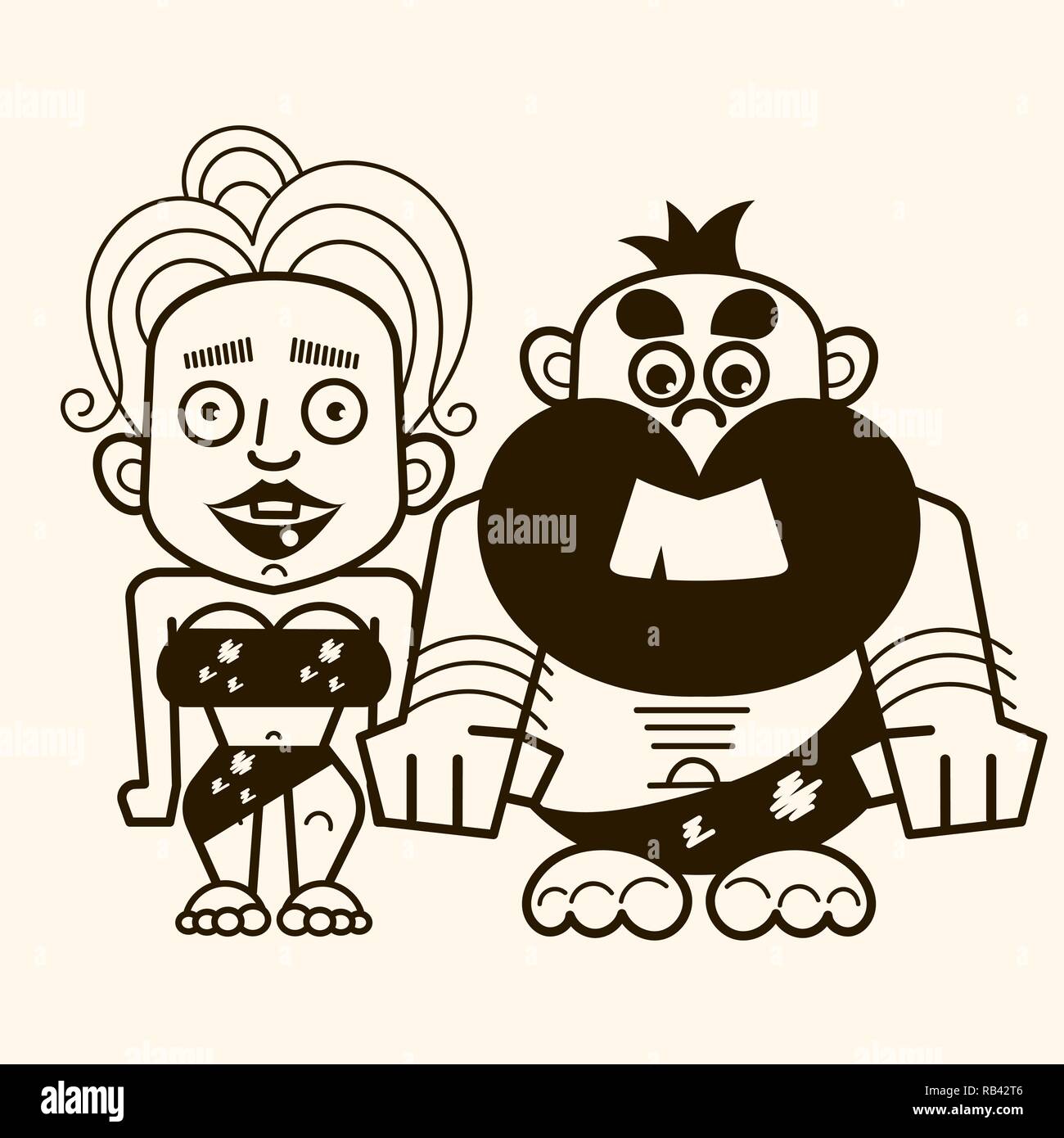 Pair of primitive man and woman dressed in fur clothes and standing ...