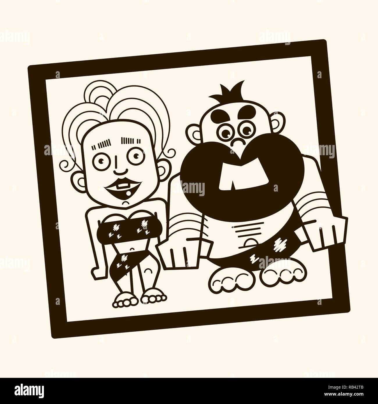 Pair of primitive man and woman dressed in fur clothes and standing ...