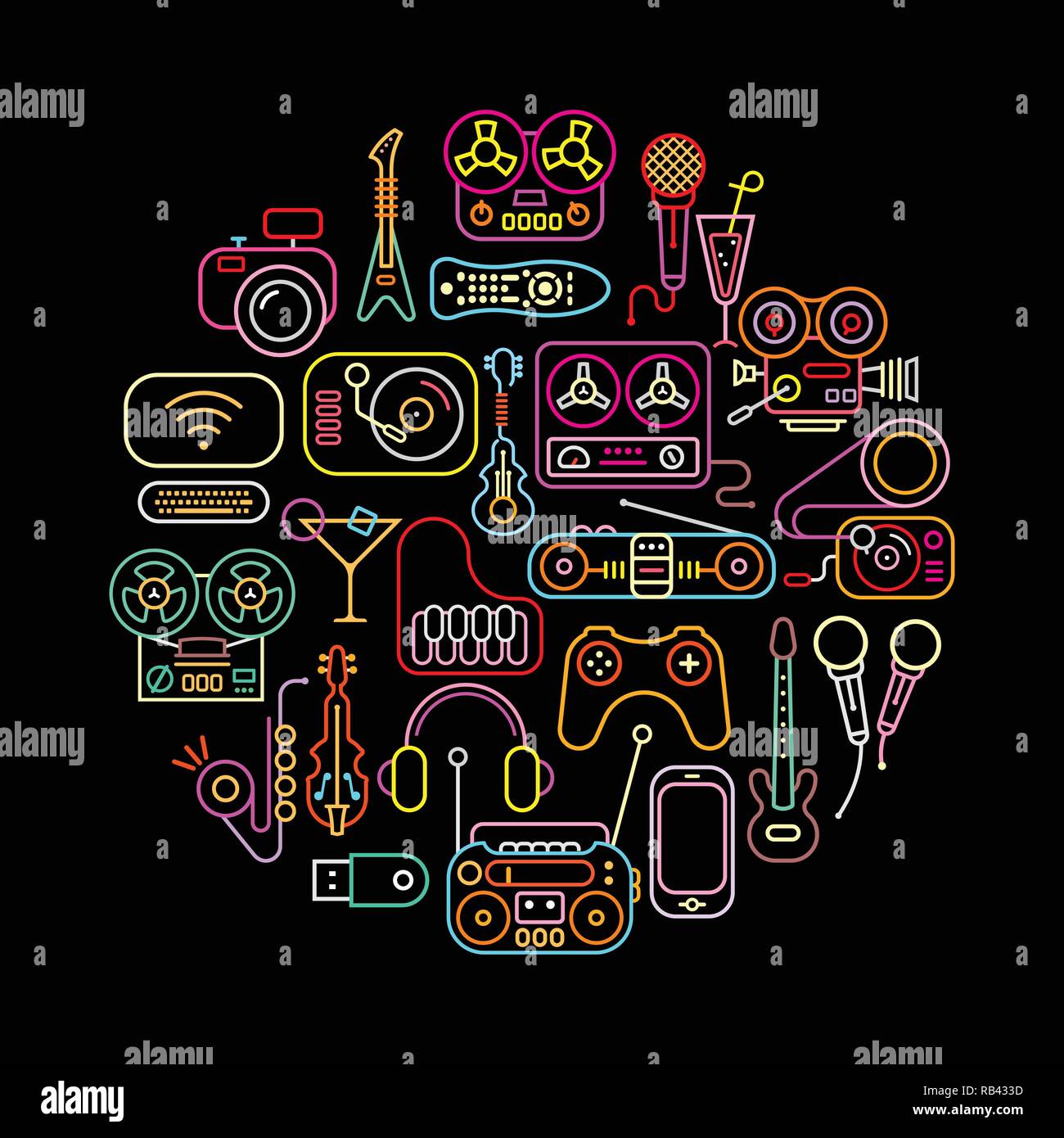 Home electronic icons round shape vector illustration. Neon colors ...