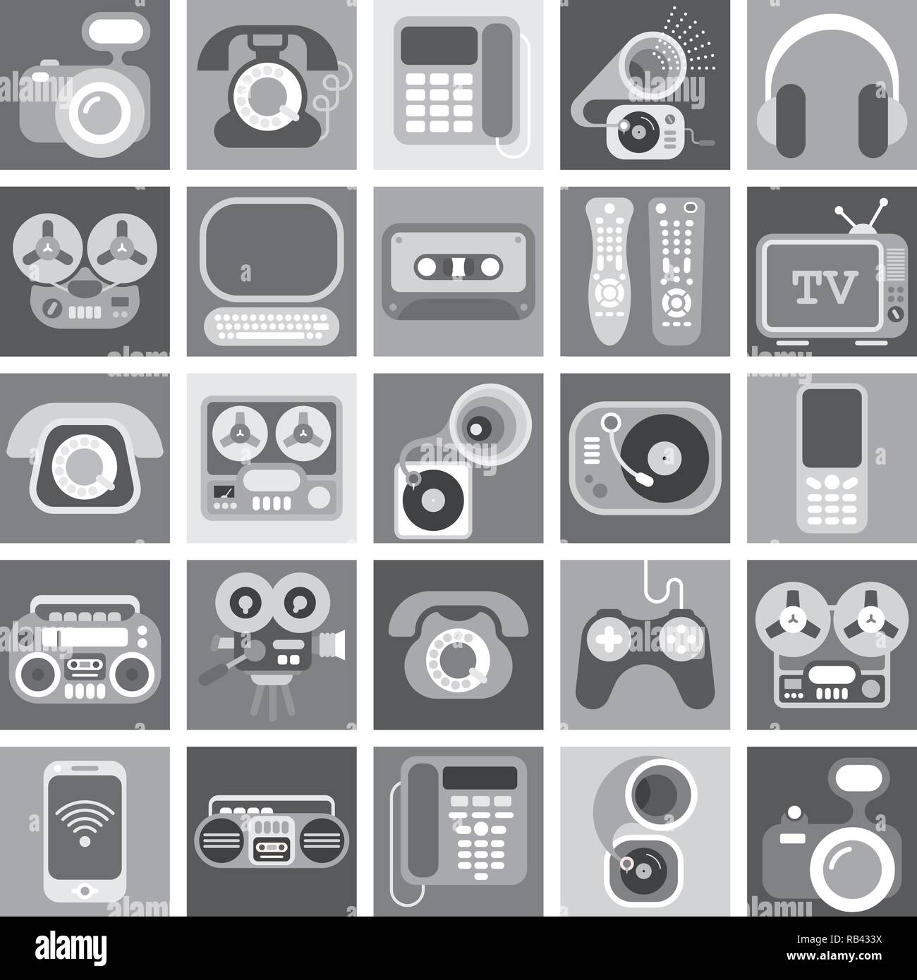 Collage of various greyscale vector images with a home electronics ...