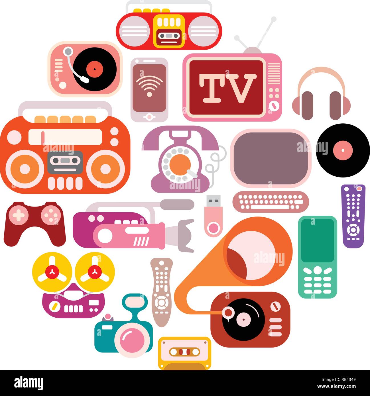 Electronic icons in the round shape. Colorful flat vector images ...