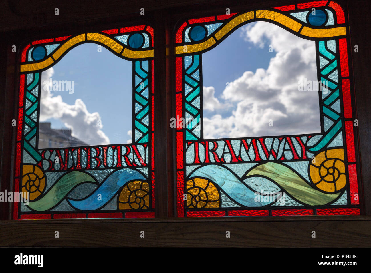 UK, Saltburn by the Sea, the colourful tramway carriage stained glass ...