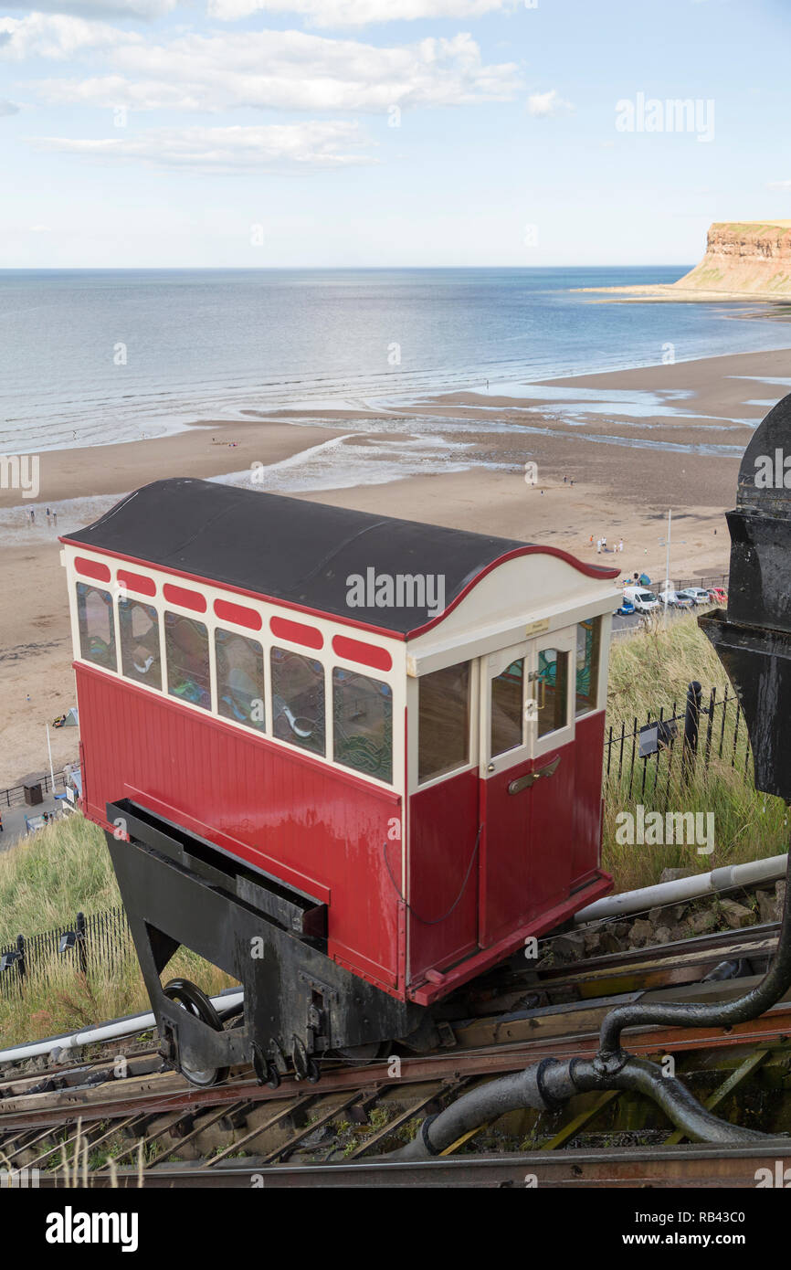 UK, Saltburn by the Sea, historical water lift tramway carriage, down ...