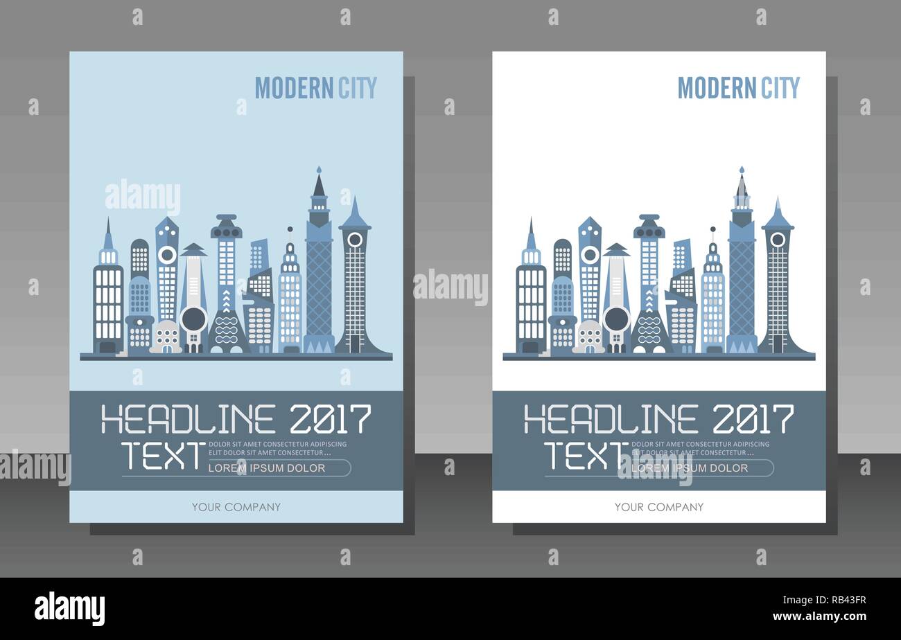 Modern city buildings vector template of magazine cover, size A4. Two ...