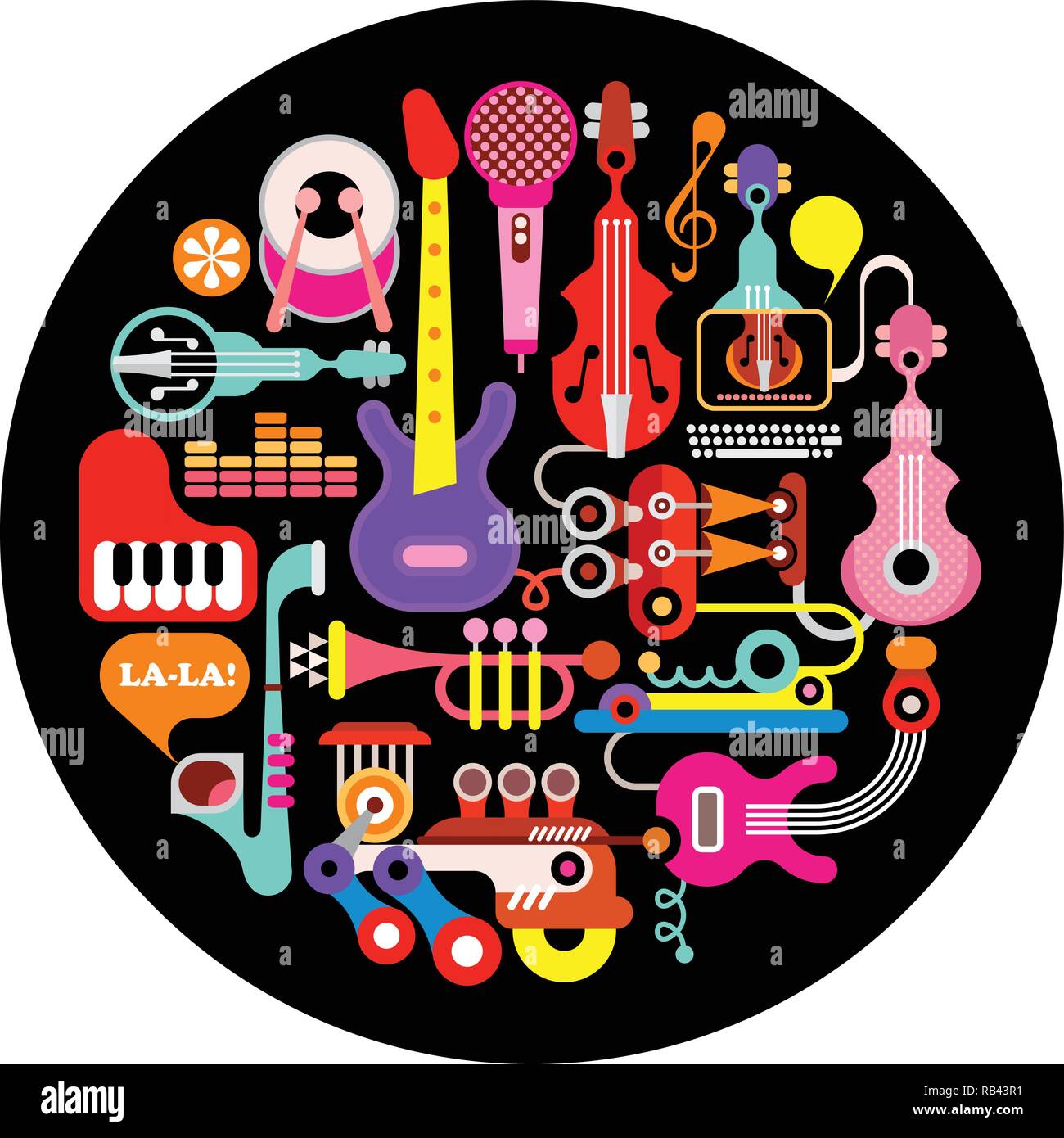 Musical instruments - round vector illustration on black background ...