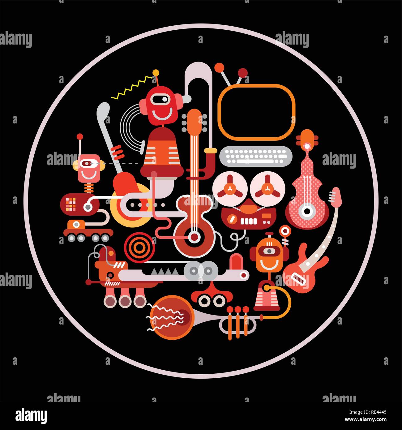 Modern Recording Studio vector illustration. Round shape art collage of ...