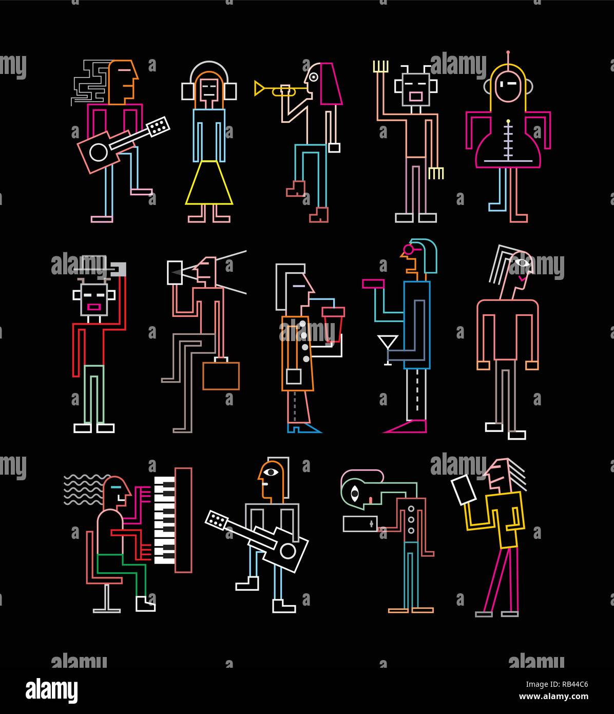 Neon colors people silhouettes isolated on a black background. Vector ...
