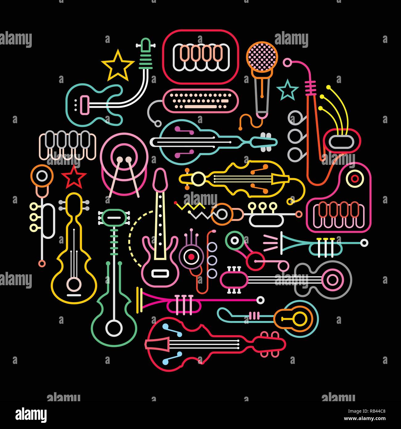Musical instruments round vector illustration. Neon colors silhouettes ...