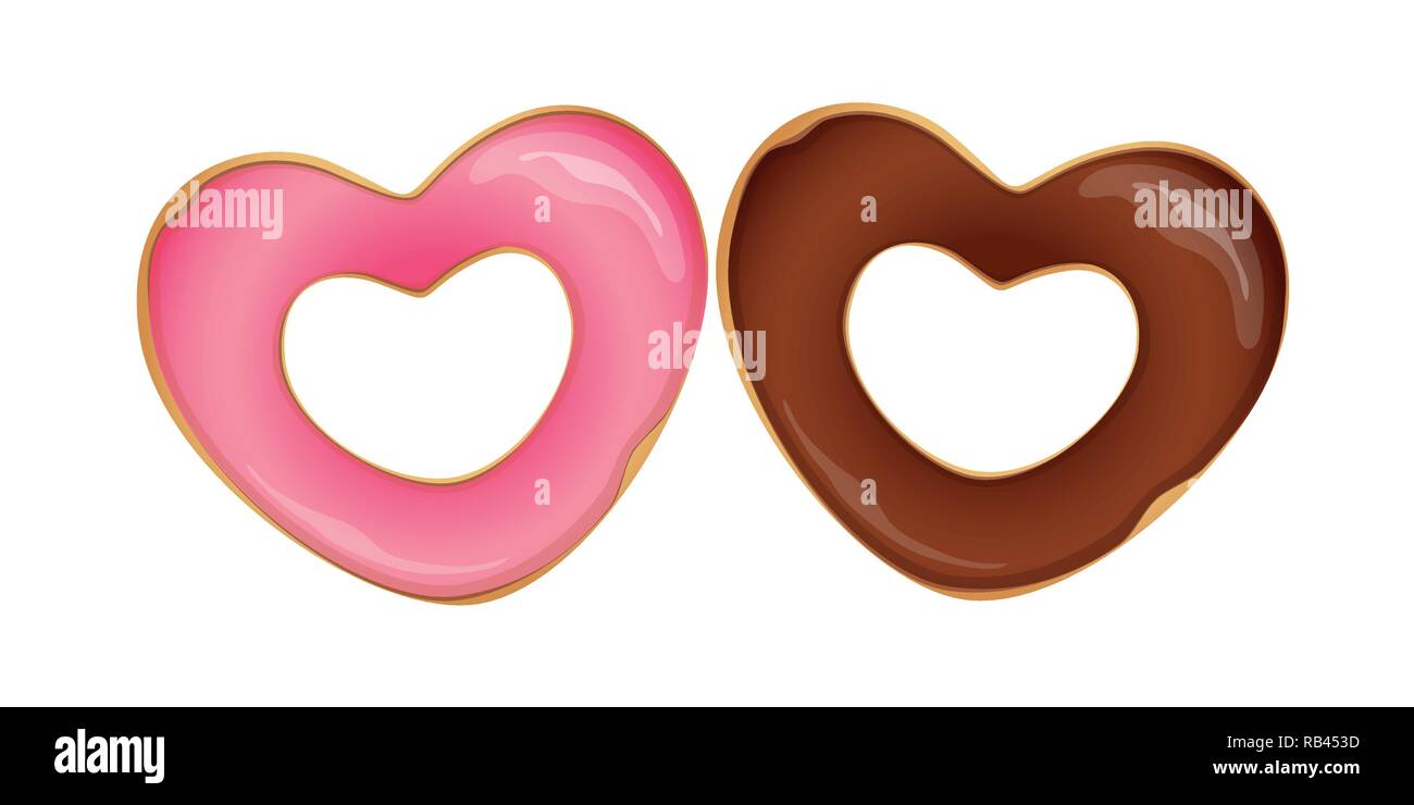two donuts in heart shaped with chocolate and pink glaze vector ...