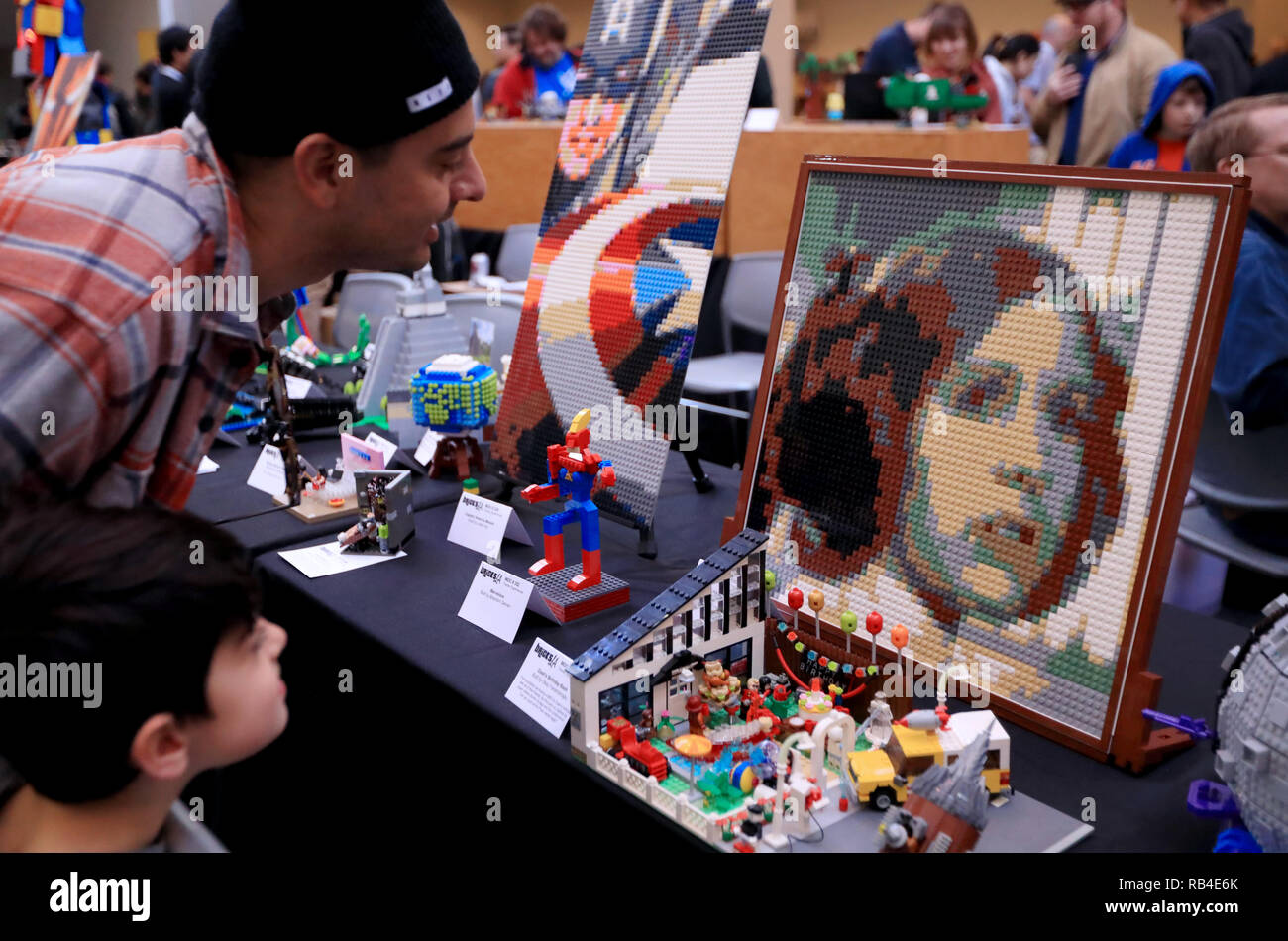 Los Angeles, USA. 6th Jan, 2019. People view Lego models at Brick LA in ...