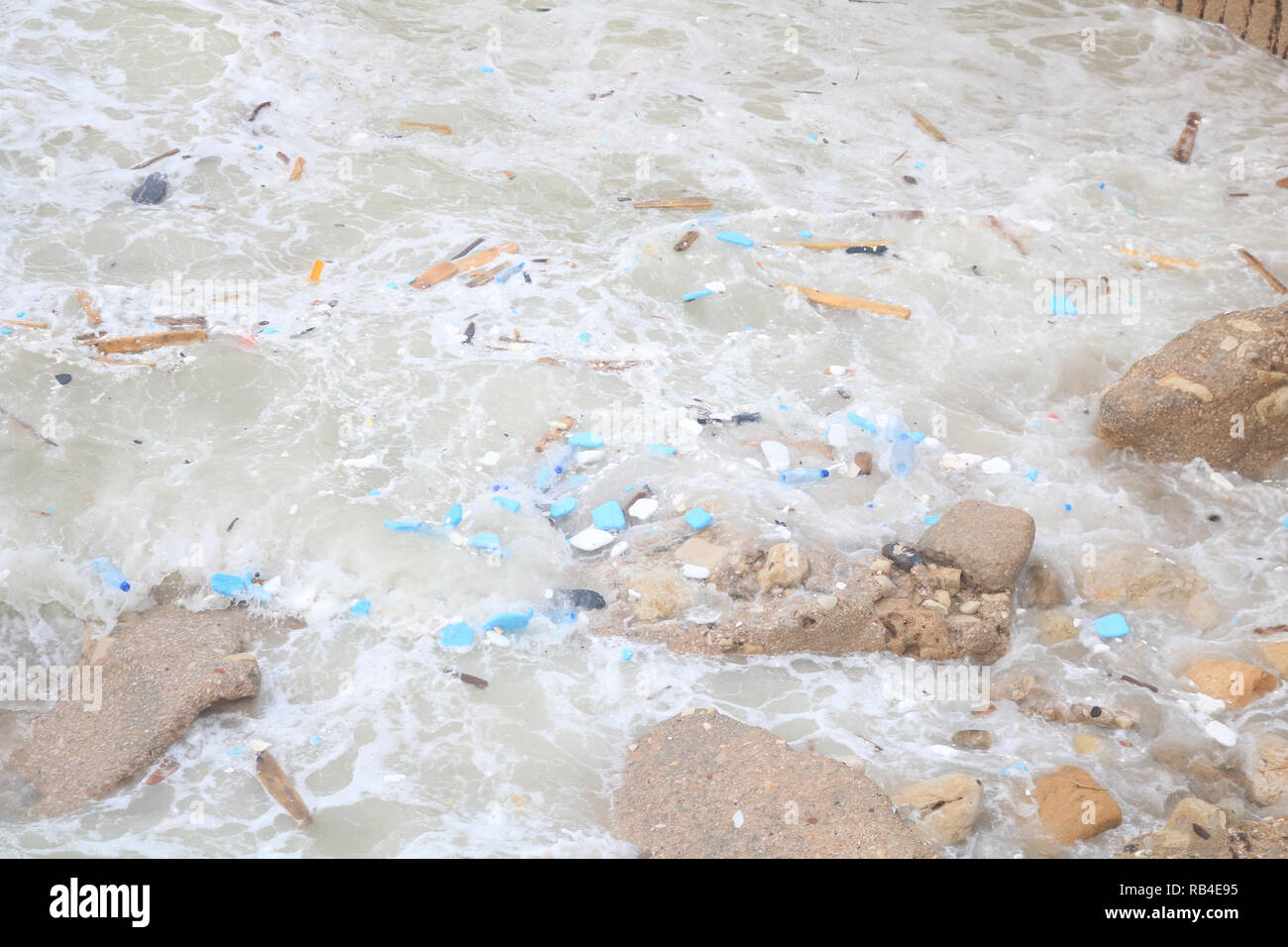 Beirut, Lebanon. 7th Jan, 2019. Pieces of micro plastic washed on the ...