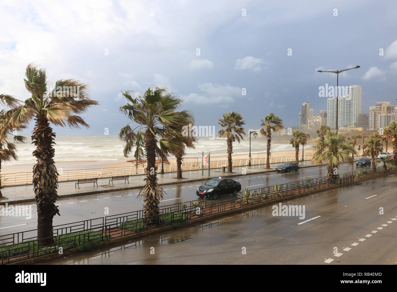 Beirut, Lebanon. 7th Jan, 2019. Motorists drive on an avenue lined with ...