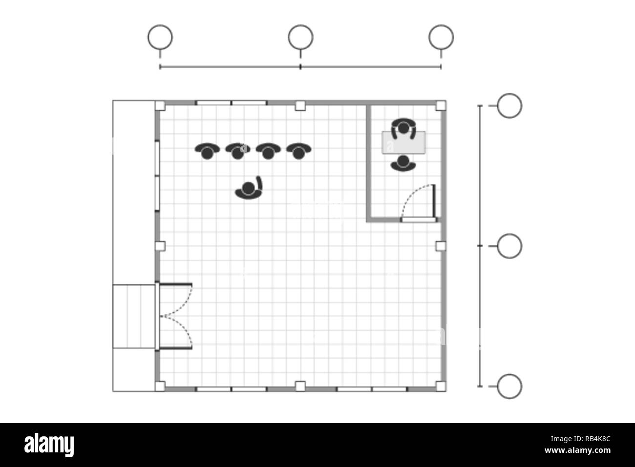 Top view, black and white outline drawing, office plan simple flat with ...
