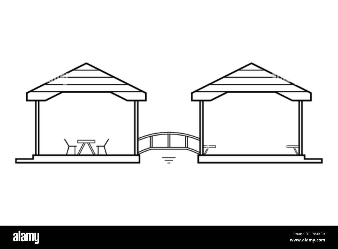 Abstract outline drawing, two connected houses with wood bridge vector ...